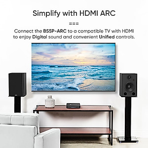 NEUMI BS5P-ARC 75-Watt Powered Bookshelf Speakers, Bluetooth, HDMI, USB, Optical, Coaxial, Remote Control, 5-Inch Woofer, 1-Inch Tweeter, Dark Wood, 1 Pair