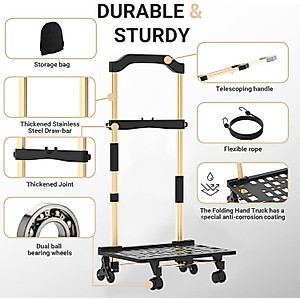 Folding Hand Truck, 200 lbs Durable Luggage cart with All-Terrain Triple Wheels, Multifunctional and Compact Dolly cart with Wheels for Shopping, Moving and Traveling, Gold
