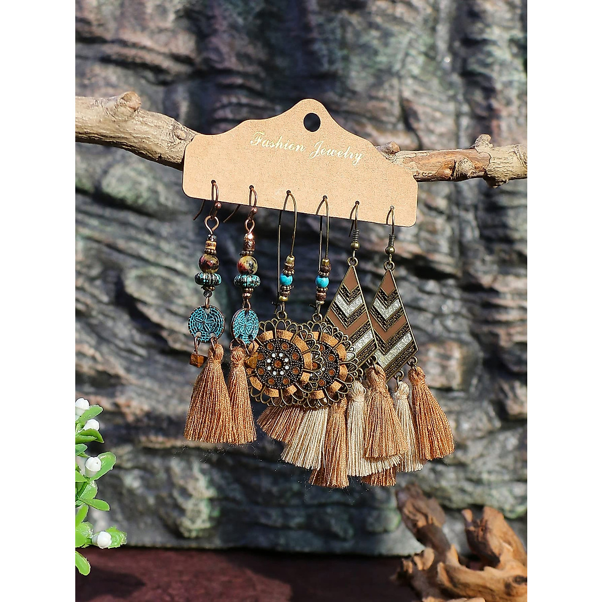 Verdusa Women's 3 Pairs Boho Tassel Earrings Set Khaki one-size