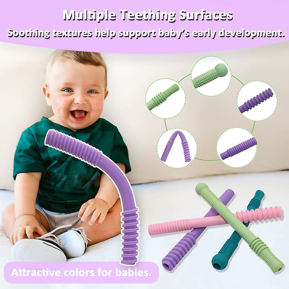 Teether Tubes for Babies 6 12 18 Months, 4 Pack Hollow Straw Toddler Teether Toys for molars, Silicone Chew Tube for Sensory Kids with Chewing or Other Special Needs, BPA Free Dishwasher Freezer Safe