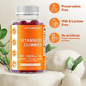 Vitamatic Vitamin D3 Gummies - 5000 IU Per Gummy - 60 Gummies - Great Taste - Healthy Bones, Teeth, Mood, Joint & Immune System Function
