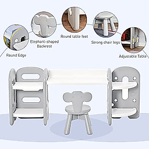 Qaba Kids Table and Chair Set, Activity Desk with Bookshelf & Storage for Study, Activities, Arts, or Crafts, Grey and White