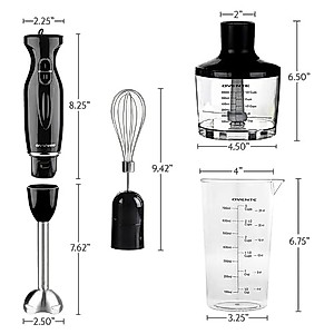 OVENTE Immersion Electric Hand Blender 300 Watt Power 2 Mix Speed with Stainless Steel Blades, Handheld Stick Mixer Set with Egg Whisk Attachment Mixing Beaker and BPA-Free Food Chopper, Black HS565B