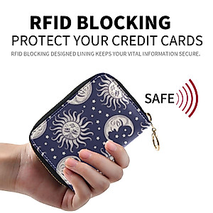 Sletend RFID Credit Card Holder Vintage Sun Moon Leather With Zipper Card Case Wallet for Women Girls