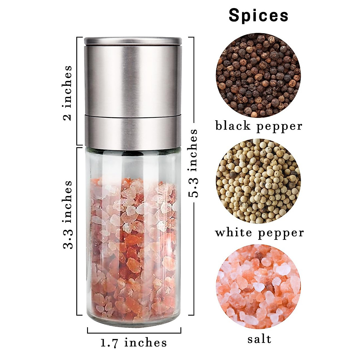 Gulex® Salt Grinder Pepper Mill, Salt Grinder Refillable, Adjustable Coarseness Black Pepper Grinder, Stainless Steel Sea Salt Shaker with Ceramic Rotor(salt and pepper not included)