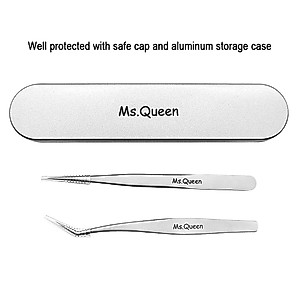 Eyelash Extension Tweezers - Professional 2 Pcs Straight and Curved Pointed Tweezers - Precision Crafted Tweezers for 3D-6D Volume False Eyelashes Extensions with Aluminum Storage Case- Ms.Queen