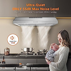 Range Hood 30 inch, 600 CFM Under Cabinet Range Hood with Strong Suction for Duct/Ductless Convertible, Stainless Steel Kitchen Hood with 3 Speed Exhaust Fan and Two Bright LED Lights