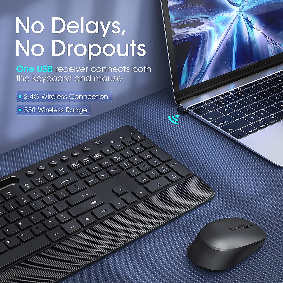 Veilzor Wireless Keyboard and Mouse Combo, 2.4GHz Lag-Free Ergonomic Keyboard Full-Size with Phone Holder & 10 Independent Shortcuts, Silent Mouse with 4 DPI for Computer, Desktop, Laptop