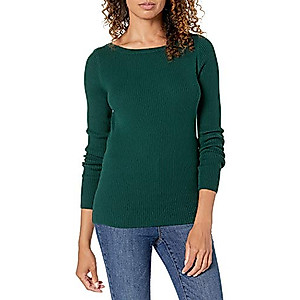 Amazon Essentials Women's Lightweight Ribbed Long-Sleeve Boat Neck Slim-Fit Sweater, Forest Green, Large