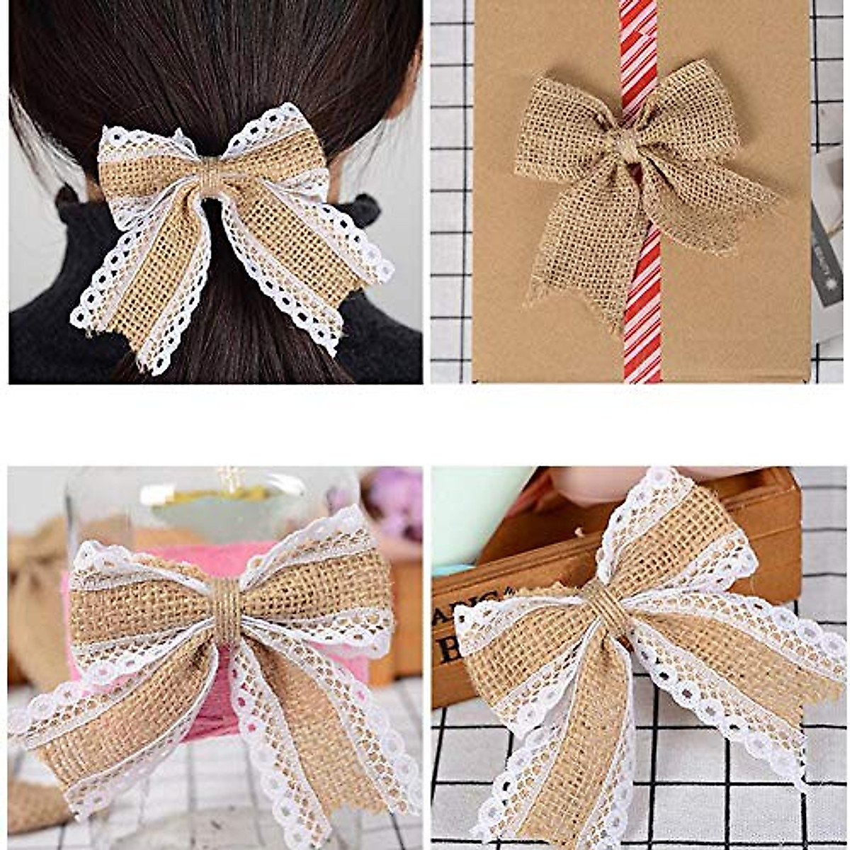 10 Pcs Burlap Bows Bow Tie Ornaments Handmade Rustic Bowknot Wedding Decor Bows Bowknot Embellishments for DIY Art Craft Gifts Wrapping Home Wedding Party Supplies Decoration (Style B)