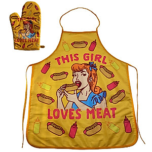 This Girl Loves Meat Oven Mitt Funny Sarcastic Backyard BBQ Bar-b-que Cookout Kitchen Glove Funny Graphic Kitchenwear Funny Food Novelty Cookware Yellow Oven Mitt