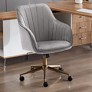 DUHOME Home Office Chair Computer Desk Chair Armchair Task Chair Velvet Upholstered Chair Height Adjustable Comfortable Stool Swivel Rolling Chair with Gold Metal Base for Office Study Grey