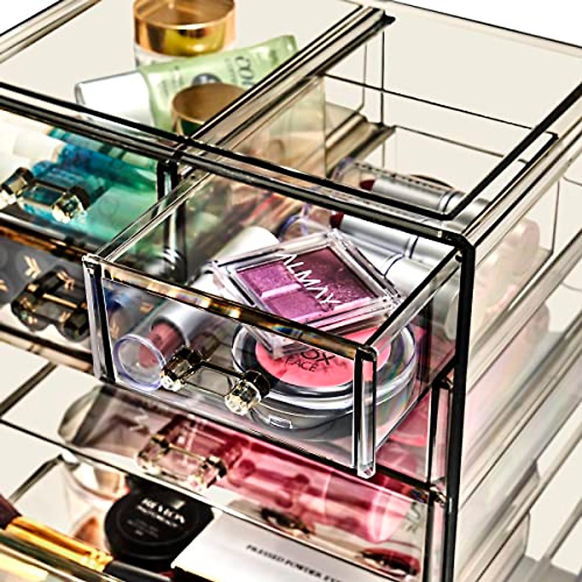 Sorbus Acrylic Clear Makeup Organizer - Big & Spacious Cosmetic Display Case - Stylish Designed Jewelry & Make Up Organizers and Storage for Vanity, Bathroom (3 Large, 4 Small Drawers) [Black Jewel]