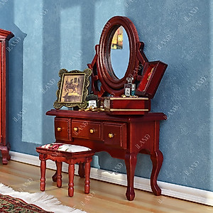 iLAND Wooden Dollhouse Furniture 1/12 Scale, Dollhouse Bedroom Furniture in Mahogany Color incl Dollhouse Bed & Dressing Table & Wardrobe (Classical Miniature Furniture 6pcs)