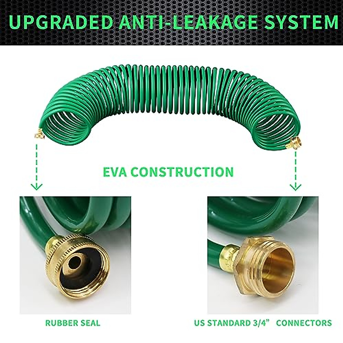 HooSeen EVA Recoil Garden Hose 25ft,Coil Garden Hose with 10 Patterns Hose Nozzle,Flexible Water Hose with Solid Brass Connector for Outdoor, Boat,Lightweight and Kink Free (25FT, Green)