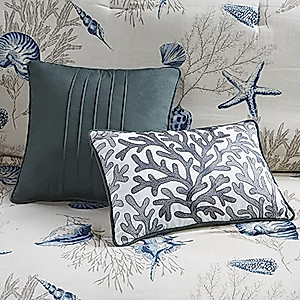 Madison Park 100% Cotton Comforter Set - Coastal Coral, Starfish Design All Season Down Alternative Cozy Bedding with Matching Shams, Decorative Pillow, King(104"x92"), Taupe 7 Piece