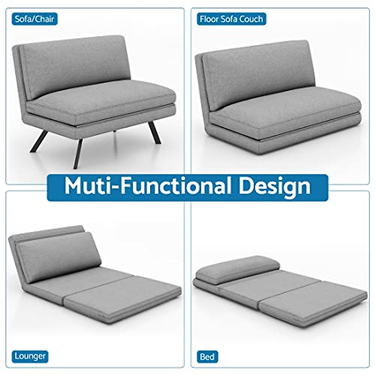 LIFERECORD Convertible Futon Sofa Bed 4 in 1 Multi-Function Modern Mini Single Floor Sleeper Chair with Adjustable Backrest for Living, Small Room Apartment, Dorm, Grey