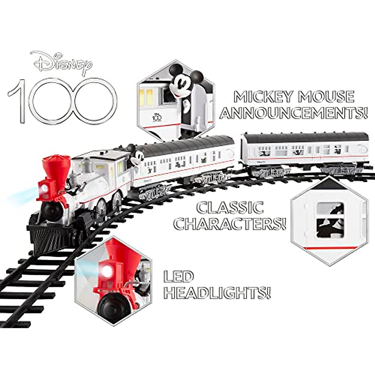 Lionel Disney100 Celebration Ready-to-Play Battery Powered Model Train Set with Remote, White, Black, Red, Large