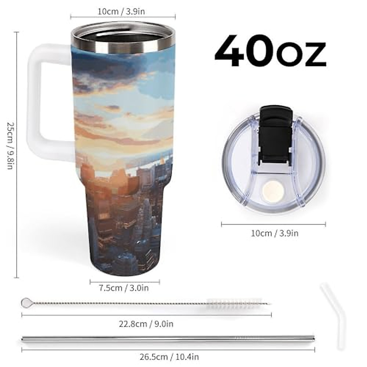 LLUTSNTH 40 Oz Vacuum Tumbler with White Handle Leakproof Insulated Tumbler New York City Skyline Stainless Steel Travel Mug with Lid And Straw Coffee Cup Cute Water Bottles Cup Holder Friendly