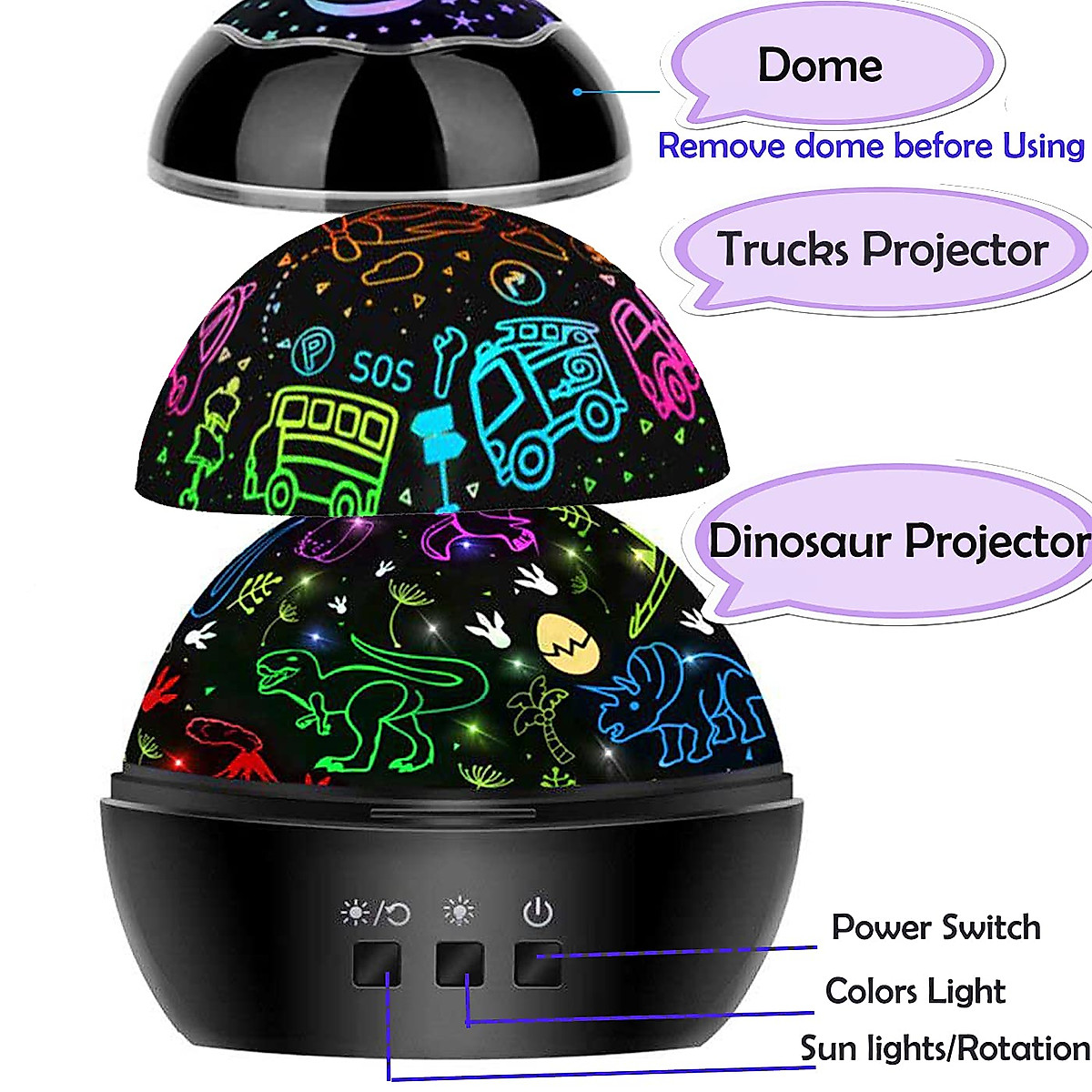 MINGKIDS Night Light for Kids,2 in 1 Rotating Projector Lamp with Dino&Vehicles Theme,Baby Night Light Ceiling Projector for Bedroom Kids Room Decor