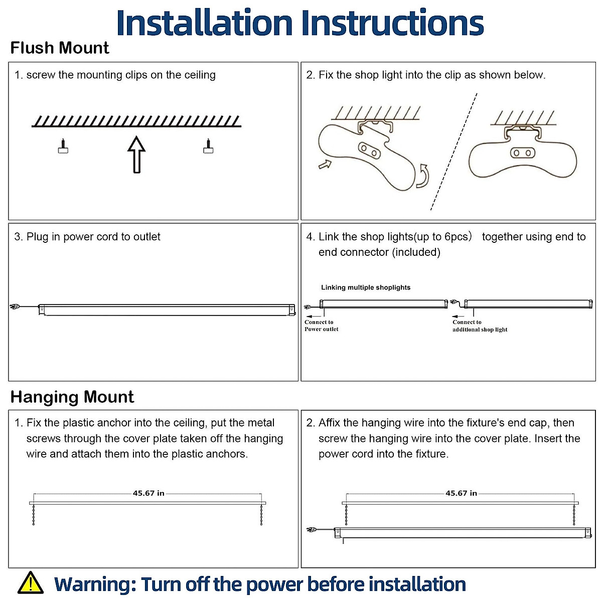 Hykolity 4 Pack Linkable LED Shop Light, 4FT 44W [300W Equivalent], 4600lm, 5000K Daylight, Plug-in Utility Light Fixture, Hanging or Surface Mount, Black - Energy Efficient Lighting Solution