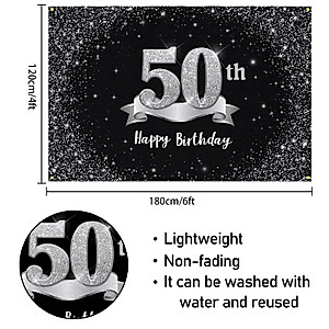 HAMIGAR 6x4ft Happy 50th Birthday Banner Backdrop - 50 Years Old Birthday Decorations Party Supplies for Women Men - Black Silver