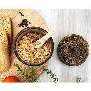 Rustic Salt Box Cellar with Hand Carved Lid & Spoon, Wooden Salt Pinch Bowls | Wood Salt Keeper, Spice Bowls for Cooking | Salt Pepper Tea Sugar Coffee Storage Holder for Kitchen, Mothers Day Gift