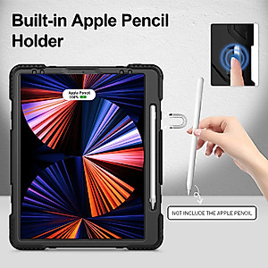 GROLEOA for iPad Pro 12.9 Case 2022/2021/2020 with Pencil Holder Screen Protector, iPad Pro 12.9 inch 6th/5th/4th Generation Cover, Full Body Shockproof Protective Rubber Case W/Stand Strap, Black