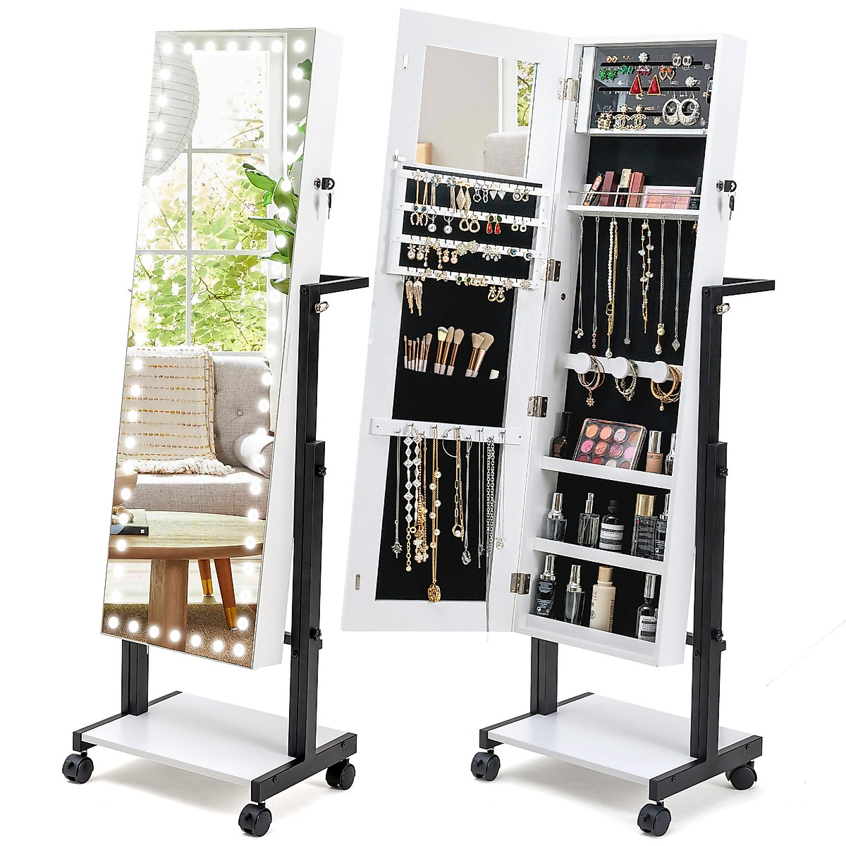 LAVIEVERT LED Mirror Jewelry Cabinet with 4 Wheels, 47.2" Full Length Mirror with 3 Color Lights, Lockable Jewelry Armoire with Built-in Mirror, Bottom Shelf, 3 Adjustable Angles & Height - White