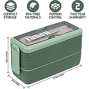 Rarapop 2 Pack Stackable Bento Lunch Box Kit for Kids, 3-In-1 Compartment Wheat Straw Lunch Containers with Tableware, Reusable On-the-Go Meal and Snack Containers (Green,Blue)