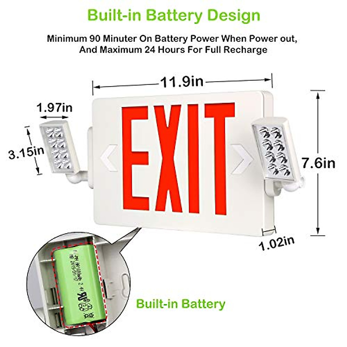 Hykolity Red Exit Sign, 120-277V Double Face LED Combo Emergency Light with Adjustable Two Head and Backup Battery - 4 Pack