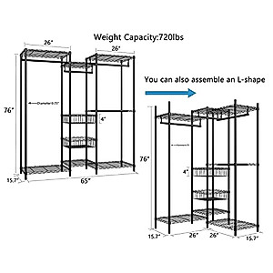 Xiofio 6 Tiers Heavy Duty Clothes Rack, Metal Clothing Rack,Clothing Storage Organizer,Garment Rack with Basket,Hanging Adjustable Garment Rack,65.0" L x 15.7" W x 76.0" H,Max Load 800LBS,Black