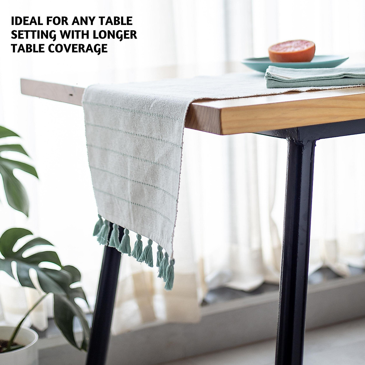 Folkulture Dish Towels for Drying Dishes and Spring Table Runners with Tassels for Farmhouse Decor, Boho Set of 3 Kitchen Towels and Ribbed Boho Table Cover for Rustic Wedding Decoration