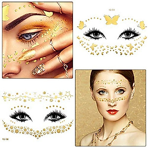 Zonon,20 Sheets Face Metallic Temporary Tattoo Sticker, Face Gold Temporary Transfer Tattoo Freckle Sticker for Women Girls Halloween Makeup Dancer Costume Parties