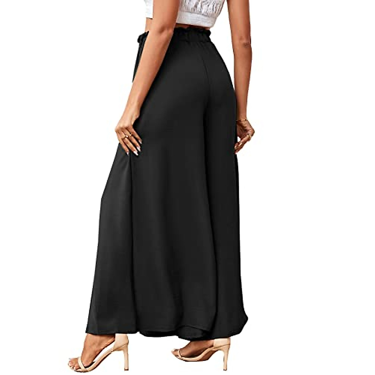 LYANER Women's Tie Front High Waist Side Split Slit Flowy Wide Leg Pleated Pant with Belt Solid Black XX-Large