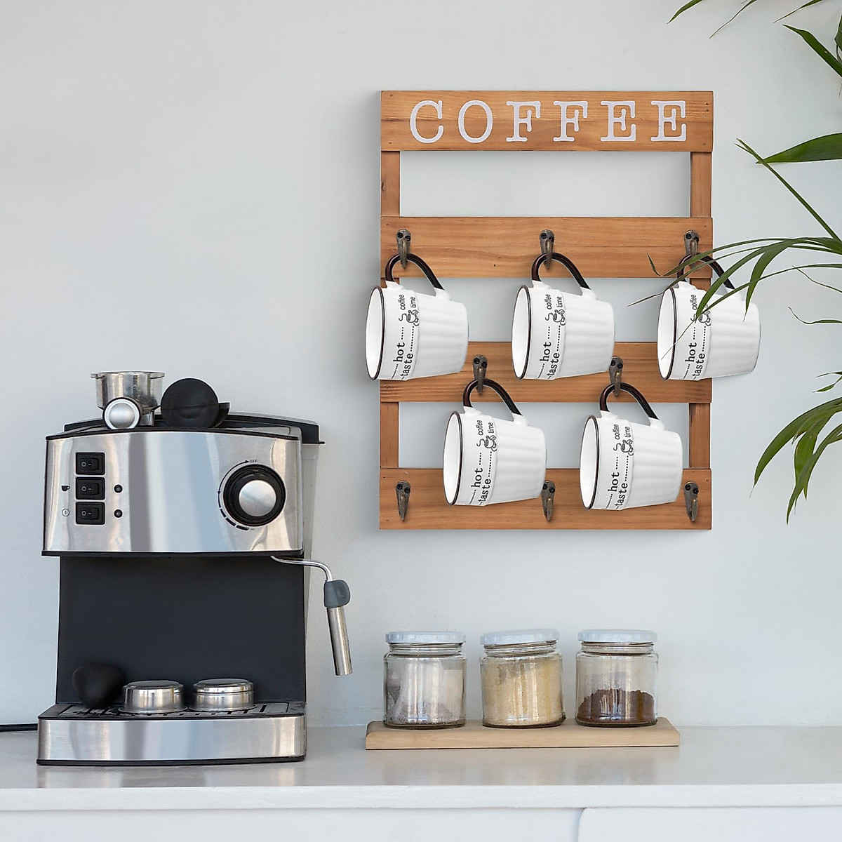 EMAISON Solid Wood Coffee Mug Holder Wall Mounted, Rustic Cup Rack with 8 Hooks Large Space for Big Cups for Kitchen, Home, Coffee Bar Station (Brown)