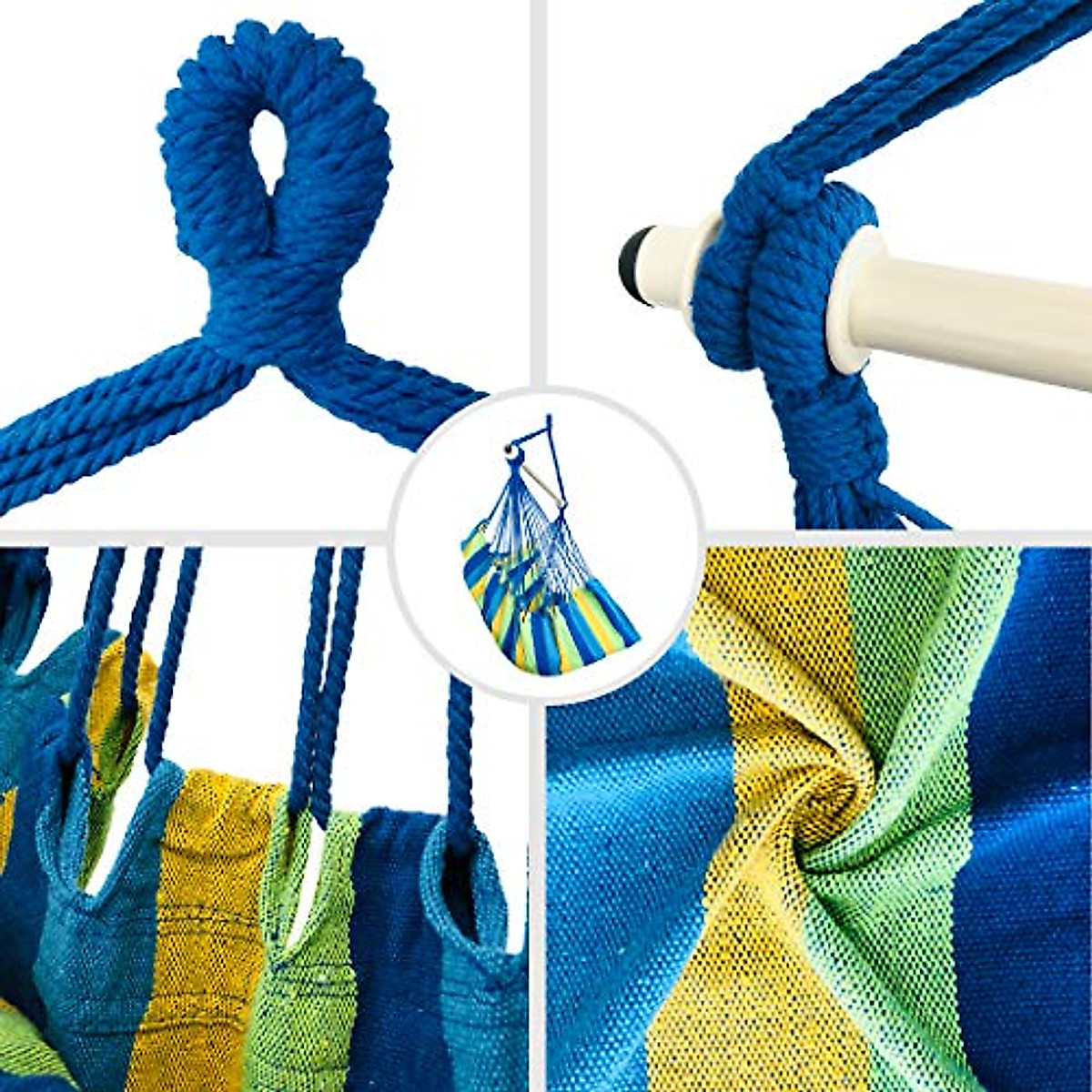 Highwild Hammock Chair Hanging Rope Swing - Max 500 Lbs - Steel Spreader Bar with Anti-Slip Rings - for Any Indoor or Outdoor Spaces (Blue Striped)