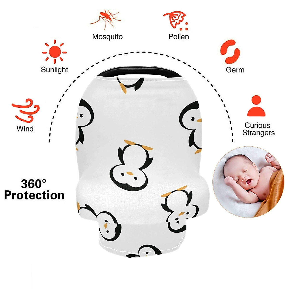 Blueangle Car Seat Cover for Babies, Cartoon Penguins Nursing Cover Breastfeeding Cover, Stretchy Infant Carseat Canopy, Super Soft Breathable