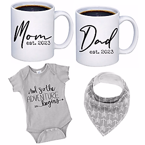 Pregnancy Gift Est 2023-New Parents Gifts-Mommy and Daddy Est 2023 11 oz Mug Set -"And So The Adventure Begins" Romper (0-3M)-Top Mom and Dad Gift Set for New Parents to Be-Gender Reveal
