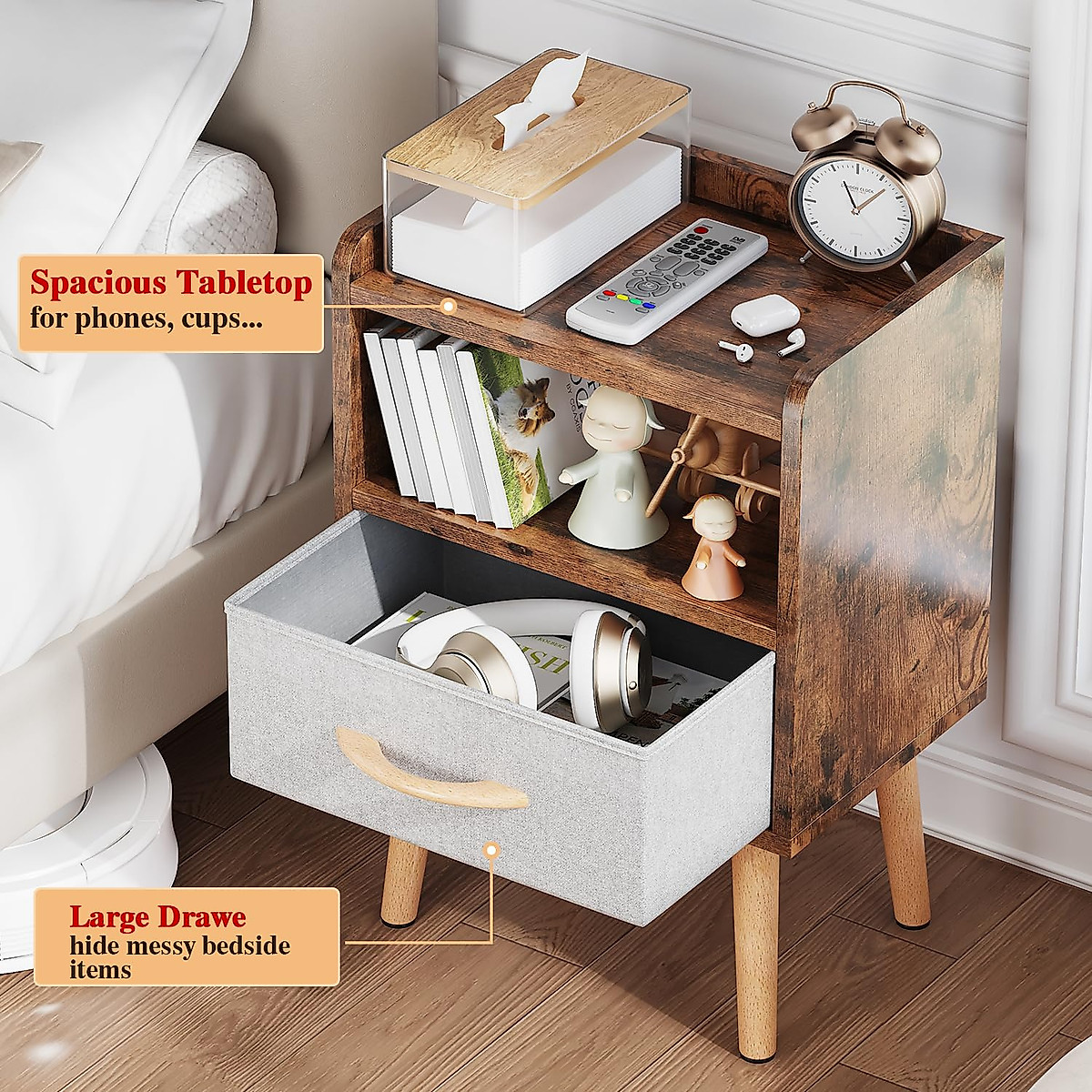 LUCKNOCK Night Stand with Drawer, Modern Bedside Table, Mid Century Nightstand with Open Storage Shelf, Small Bedside Tables for Bedroom, Sturdy Wood Bedroom Side Table, Rustic Brown