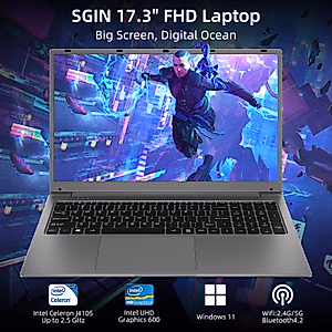 SGIN 17.3 Inch Laptop Computer, 256GB SSD 8GB RAM, 1920 * 1080 IPS FHD Display, Windows 11 Laptop with Quad-Core Intel Celeron J4105 Processors, 8000mAH, USB 3.0, Type-C, Bluetooth 4.2, 2.4/5G WiFi