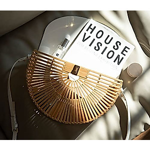 RULER TRUTH Handwoven Round Bamboo Bag Natural Shoulder Bag with Leather Straps Women's Handmade Straw Purse