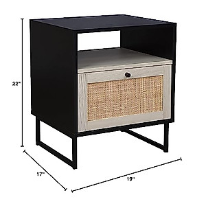 Nathan James Mina Rattan Wood End Side Accent Table with Storage for Living Room or Bedroom, Set of 2, Black Oak/Black