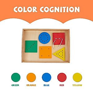 Wooden Toddler Beads and String Lacing Toy Set with Tray - Educational Threading Game for Fine Motor Skills Development - Lacing Cards for Toddlers 1-3,Montessori Toys for 2 3 4 Year Olds(5 Shapes)