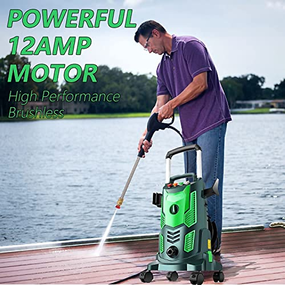 Suyncll Electric Pressure Washer - 2.2GPM Power Washers Electric Powered with 360° Spinner Wheel, 5 Quick Connect Nozzles, 500ML Foam Cannon, Total Stop System Cleans Cars/Fences/Patios, 1800W(Green)