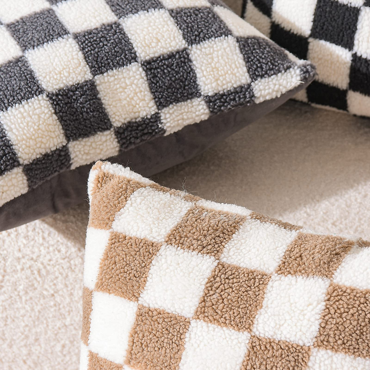 WACOMECO Decorative Throw Pillow Covers - Soft Sherpa Checkerboard Cushion Covers Faux Fur Pillow Cases for Sofa Bedroom Livingroom Car, 16 x 16 in, Khaki and Off White