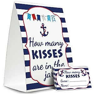 Nautical Baby Shower Game Kit(1 Standing Sign + 50 Guessing Cards) Guess How Many Kisses Baby Shower Game, Baby Shower Game for Boy - H02