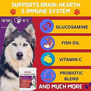Freydell Pets Multivitamin Dog Supplement: Glucosamine Chondroitin, Probiotics, Omega Fish Oil, Skin and Coat Allergy Vitamins - Dog Supplements & Vitamins