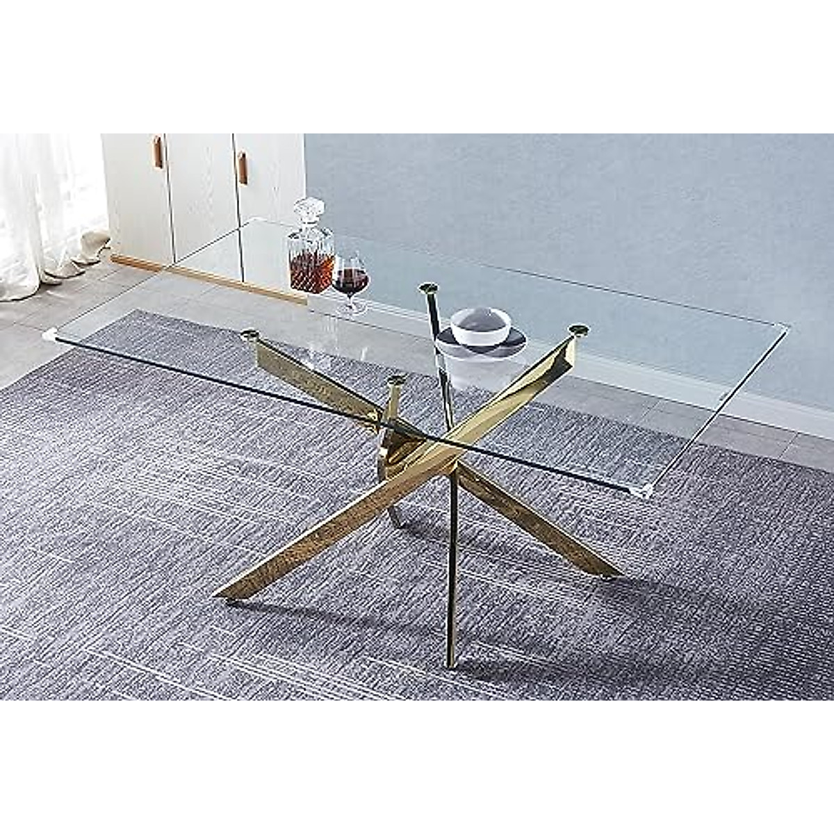 Goderfuu 51 inch Glass Dining Table Set for 4, Modern Dining Room Table with Gold Stainless Steel Base, Contemporary Tempered Glass Rectangle Dining Table, Kitchen Dining Room Tables Dinner Table