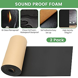 Kaqiluo 2 Pack High Density Self-Adhesive Sound Insulation Acoustic Closed Cell Foam, 0.4" x 12" x 71", 10 mm Thick,11.6 sqft Sound Proof Padding,Fire,Water Resistant Acoustic Treatment Foam